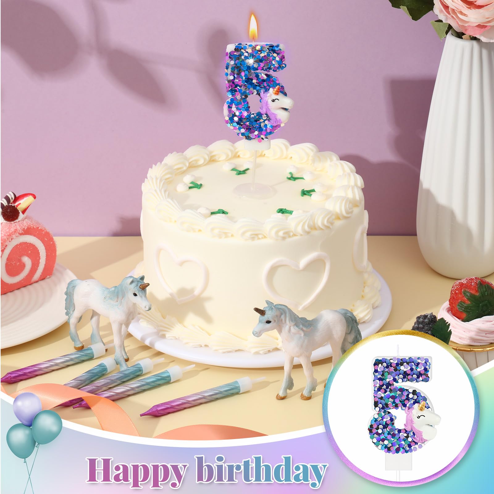 MTLEE Unicorn Birthday Candle Glitter Number Candle Unicorn Cupcake Toppers with 12 Pcs Numeral Rainbow Spiral Candle Purple Birthday Cake Candles for Baby Girl Boy Birthday Unicorn Party (Number 5)