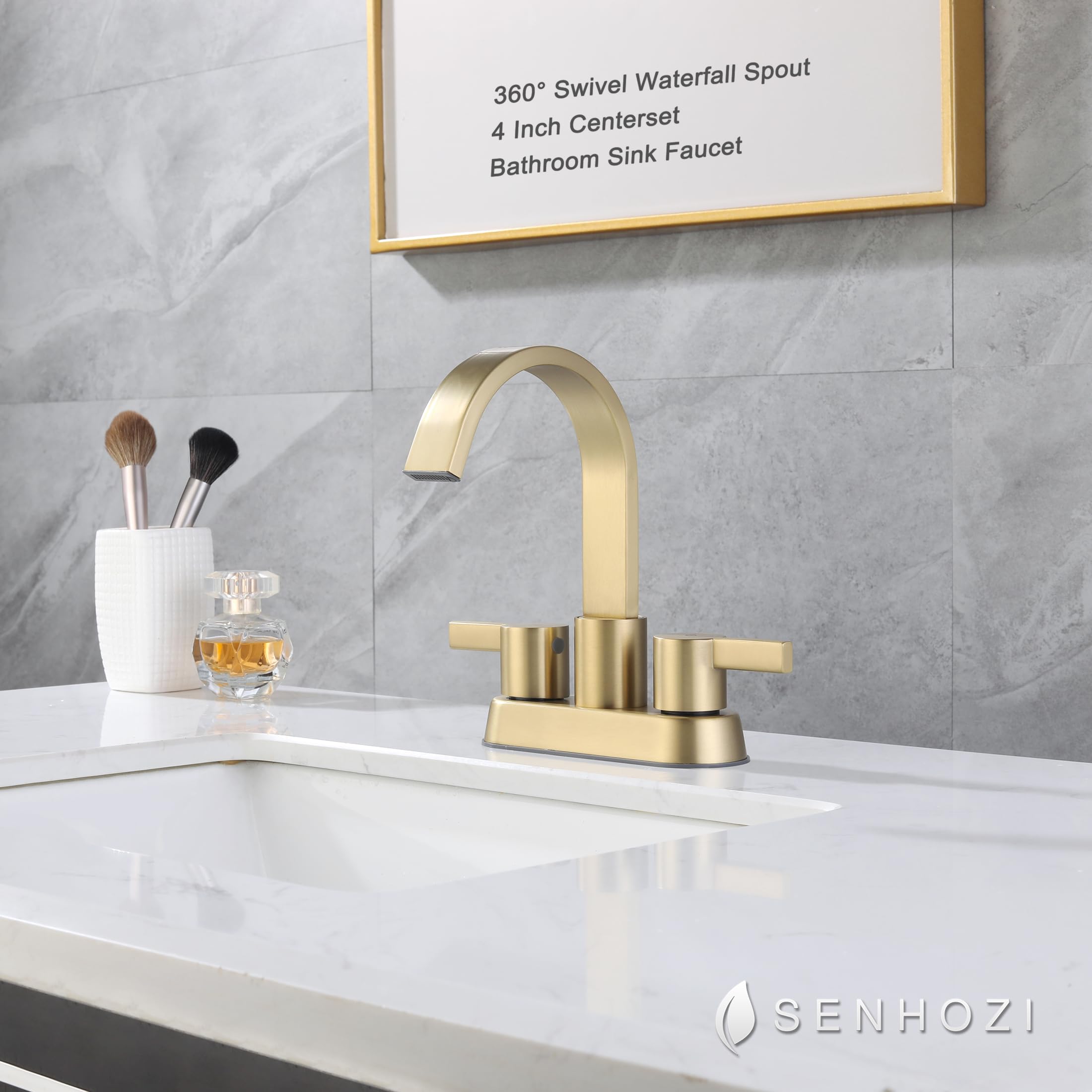 Senhozi Bathroom Sink Faucet 3 Hole Brushed Gold, 2 Handle 4 Inch Centerset Stainless Steel Bathroom Faucet with Pop up Drain and 2 Supply Lines, Waterfall Faucet Modern Faucet Bathroom, SE-0048-BG