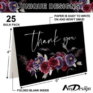 AnyDesign 25 Pack Floral Thank You Greeting Cards Halloween Flower Bat Invitation Cards Spooky Thank You Blank Note Cards for Holiday Party Invitation Supplies, 4 x 6 Inch