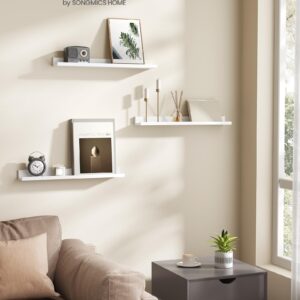 SONGMICS Floating Shelves, Set of 3 Wall Shelves, 23.6-Inch Wide, for Photo Frames and Trinkets, for Living Room, Home Office, Kitchen, Bathroom, White ULWS061W01