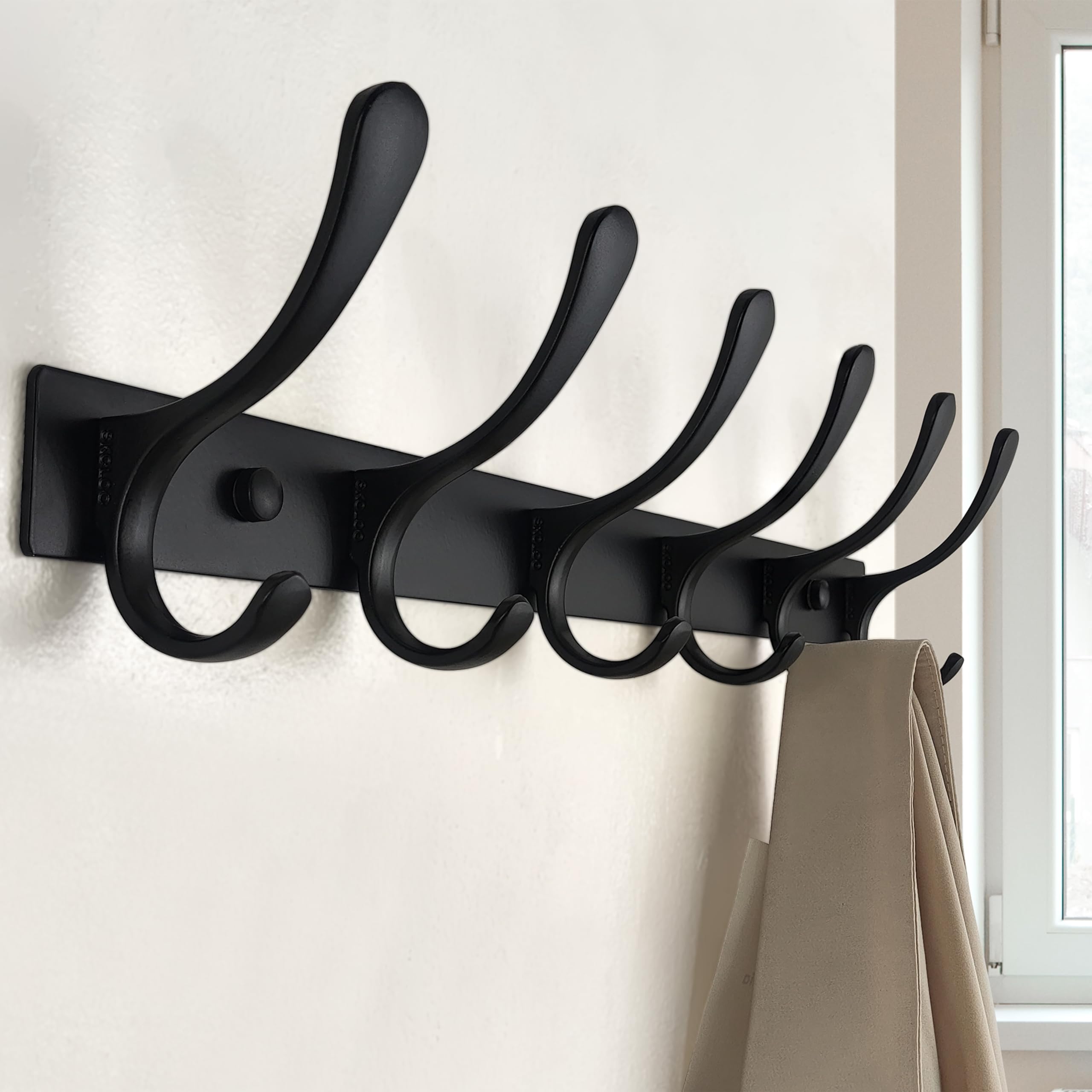 SKOLOO Coat Rack Wall Mounted - 6 Hooks, Heavy Duty, Stainless Steel, Metal Wall Coat Hanger, Sturdy Wall Hooks for Hanging Coat, Jacket, Clothes, Hat, Black