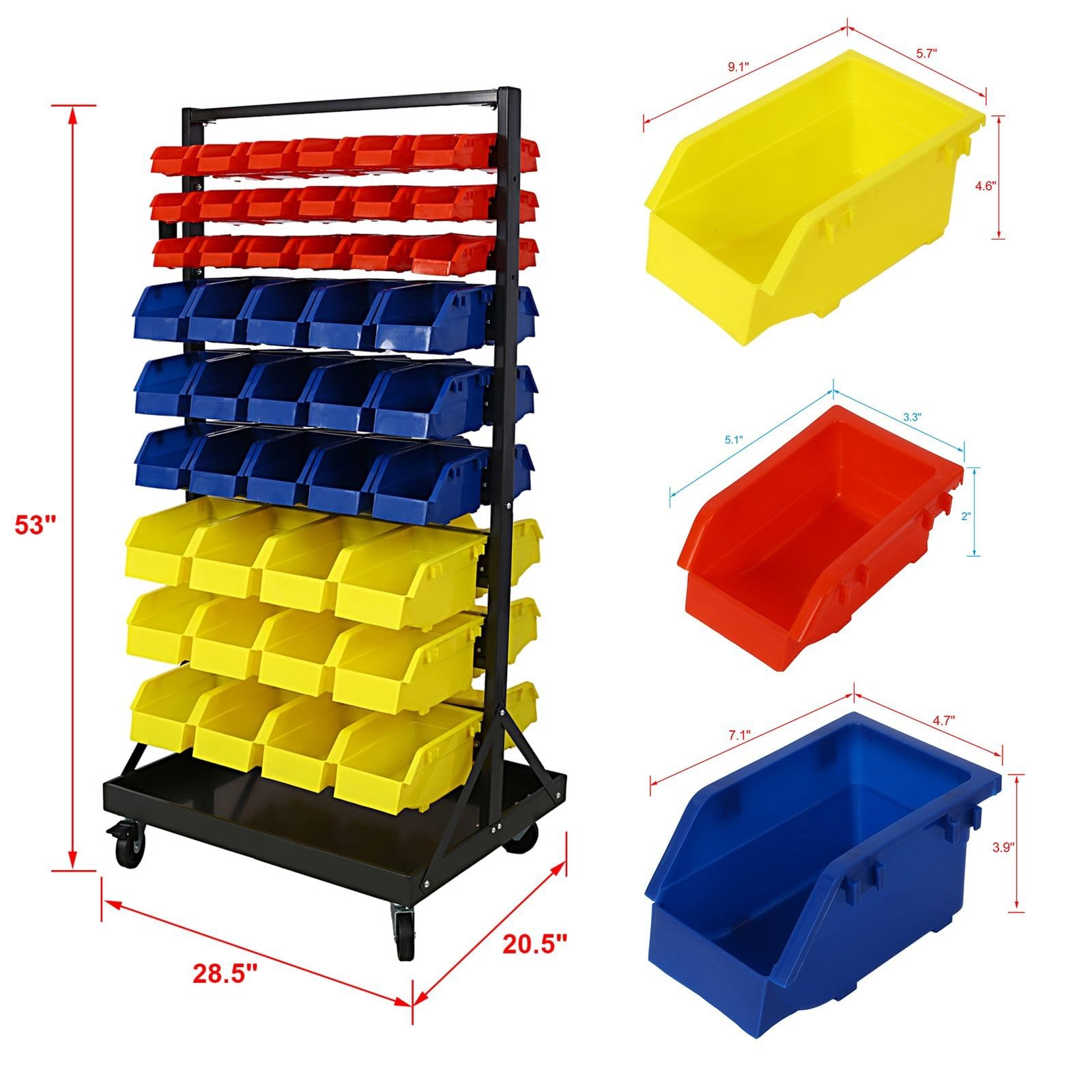 FRITHJILL High-Capacity 90-Part Bin Rack Double-Sided Pick Rack Storage System with Locking Wheels and Durable Steel Frame for Shop, Garage, and Home