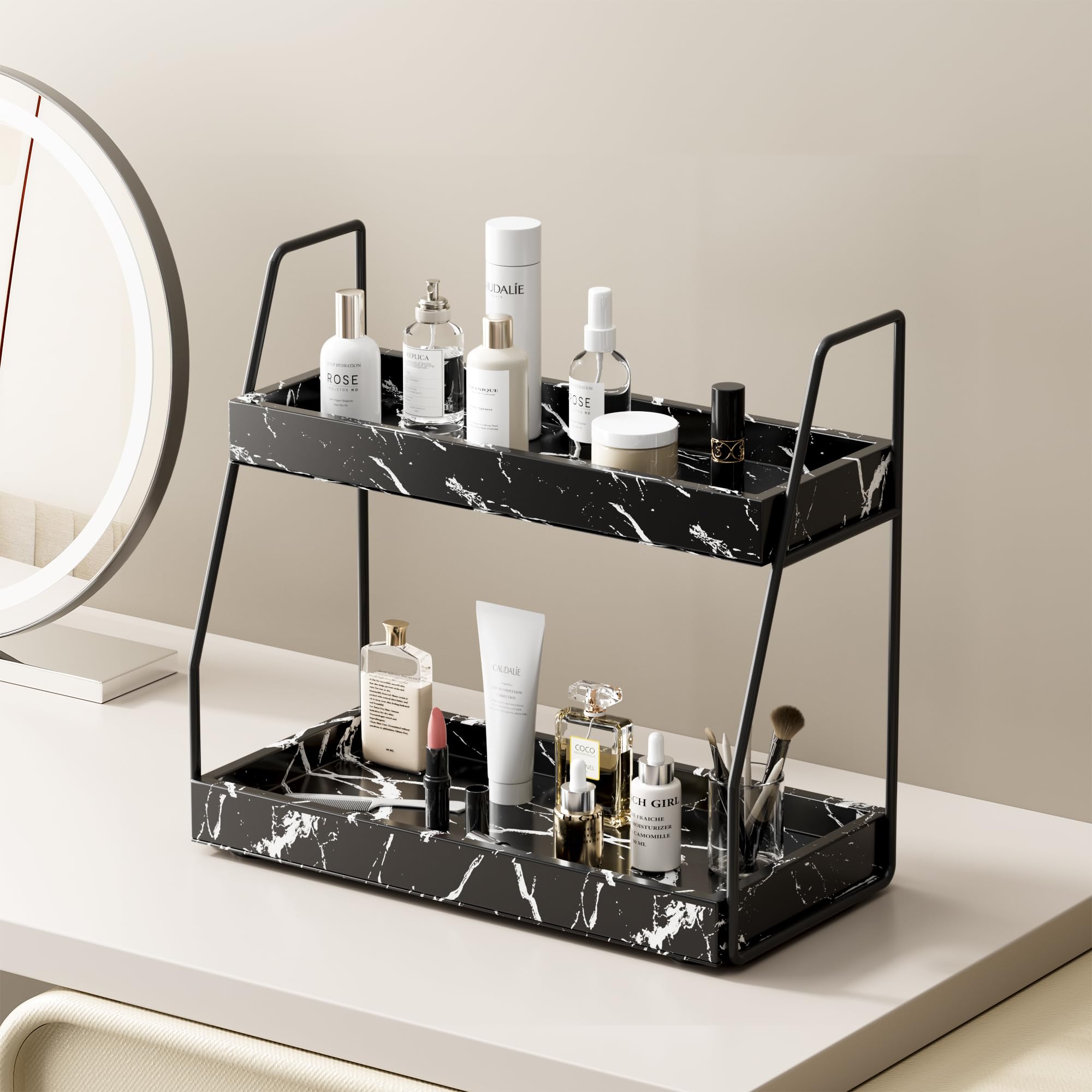 BONSSO 2-Tier Bathroom Counter Organizer, Faux Leather Skincare Organizers, Makeup Organizer for Vanity, Bathroom Organizers and Storage, Bathroom Vanity Organizer Countertop(Black)