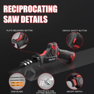 PULITUO Reciprocating Saw Cordless, Power Reciprocating Saws Compact Design，Including 2pcs 2000mAh Li-Ion battery, 1-Hour Fast Charger, Clamp Jaw, 4pcs of Saw Blades for Wood/Metal/PVC