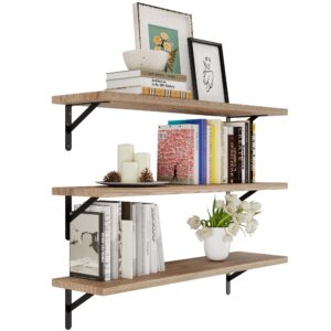 wallniture forme 36 inch long x10 in deep rustic floating shelves for wall storage, wall bookshelf living room, wall shelves for kitchen, pantry shelf wood set of 3, burnt