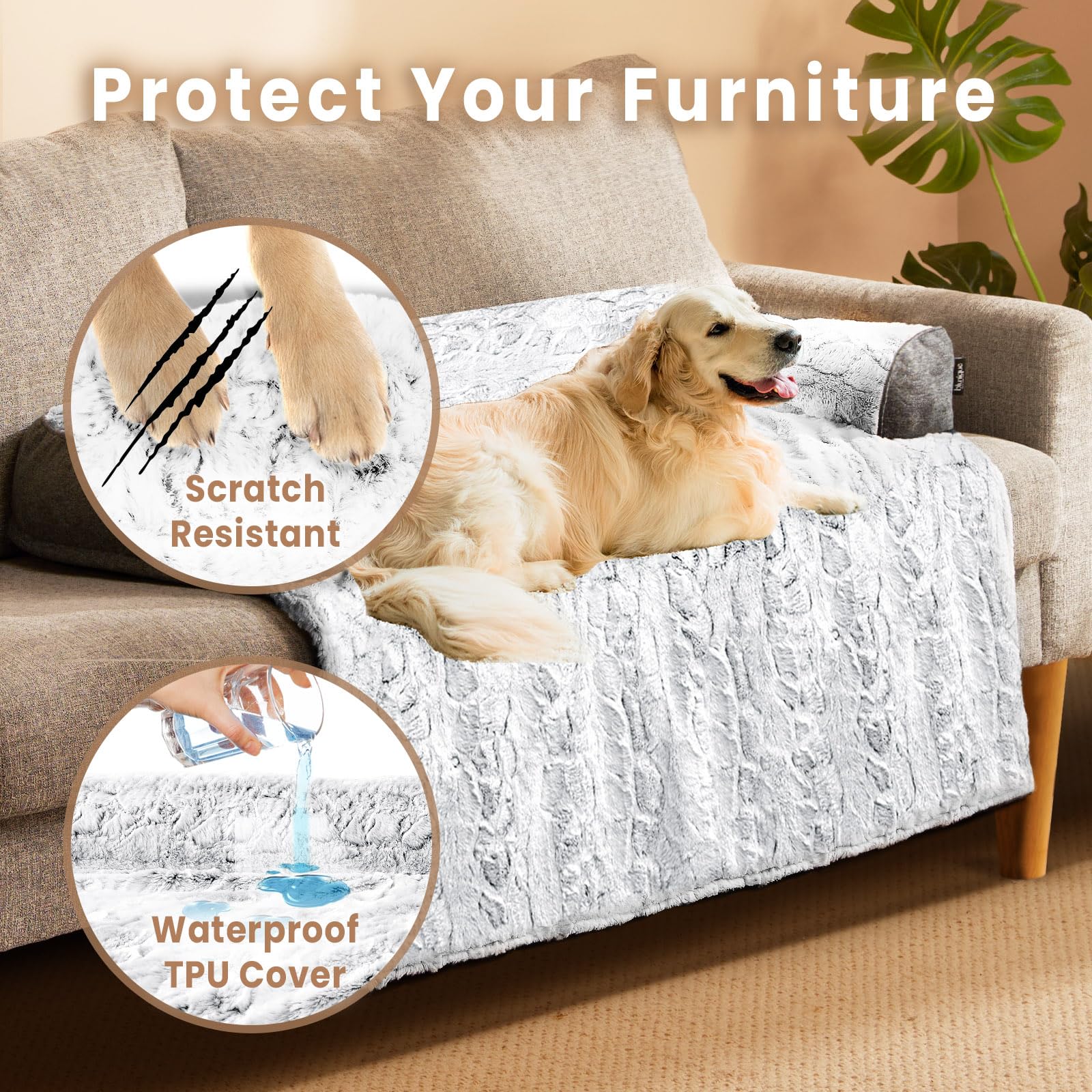 blunique Calming Dog Couch Bed for Medium Dogs, 35 x 31 inch Waterproof Memory Foam Dog Bed for Couch, Durable Fluffy Fuzzy Dog Bed Mat with Washable Removable Cover Protector for Sofa, Bedside - Grey