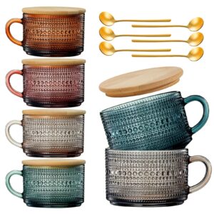 khen fall colors glass coffee mugs set with handles, spoons & lid | set of 6 | 15oz hobnail embossed with bamboo lids & gold spoons, glassware mug bubble glasses - cute cups coffee, tea oats colored