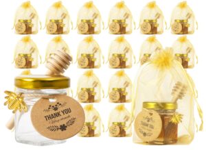 1.5oz 24 pack mini glass hexagon canning jars with gold lid, bee charms pendant, honey dipper sticks, gold gift bags, thank you gift tags, jute tag string, baby shower, wedding favors (24-golden)