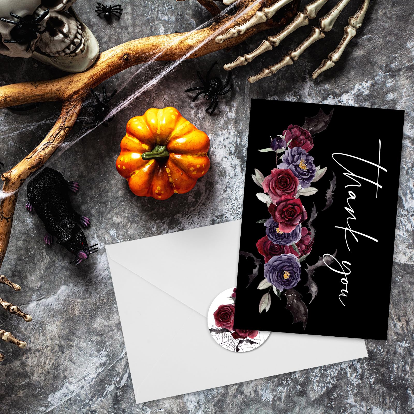 AnyDesign 25 Pack Floral Thank You Greeting Cards Halloween Flower Bat Invitation Cards Spooky Thank You Blank Note Cards for Holiday Party Invitation Supplies, 4 x 6 Inch