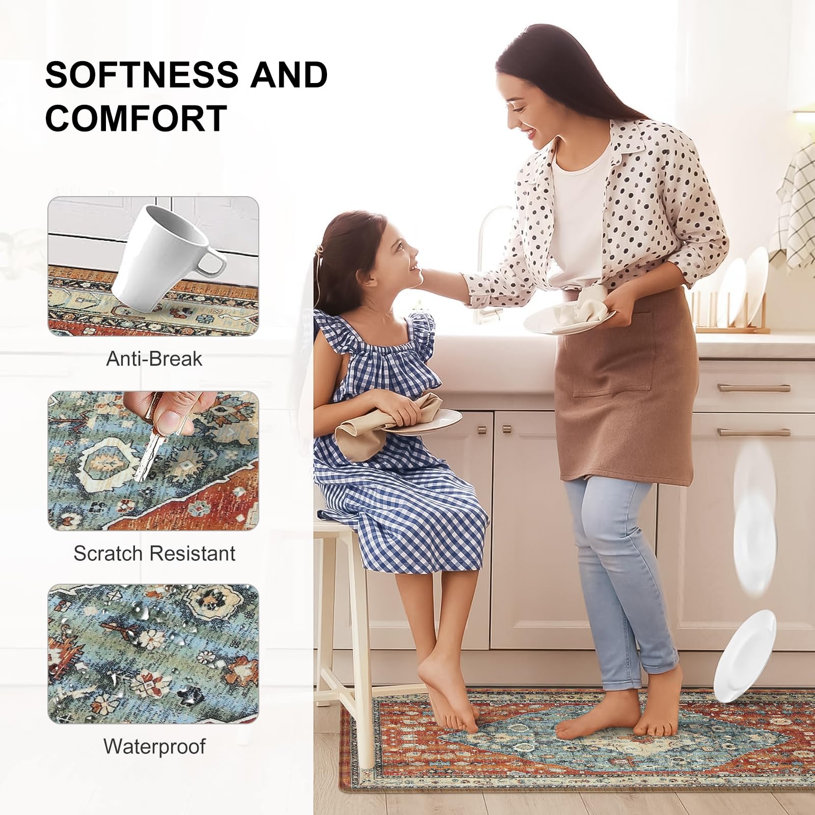 Collive Boho Kitchen Mat 2PCS Cushioned Kitchen Mats for Floor, Anti-Fatigue Mat Waterproof Kitchen Rug Set of 2 Non-Skid Comfort Standing Mat for Kitchen, Office, Sink, Laundry, 17"x30"+17"x47"