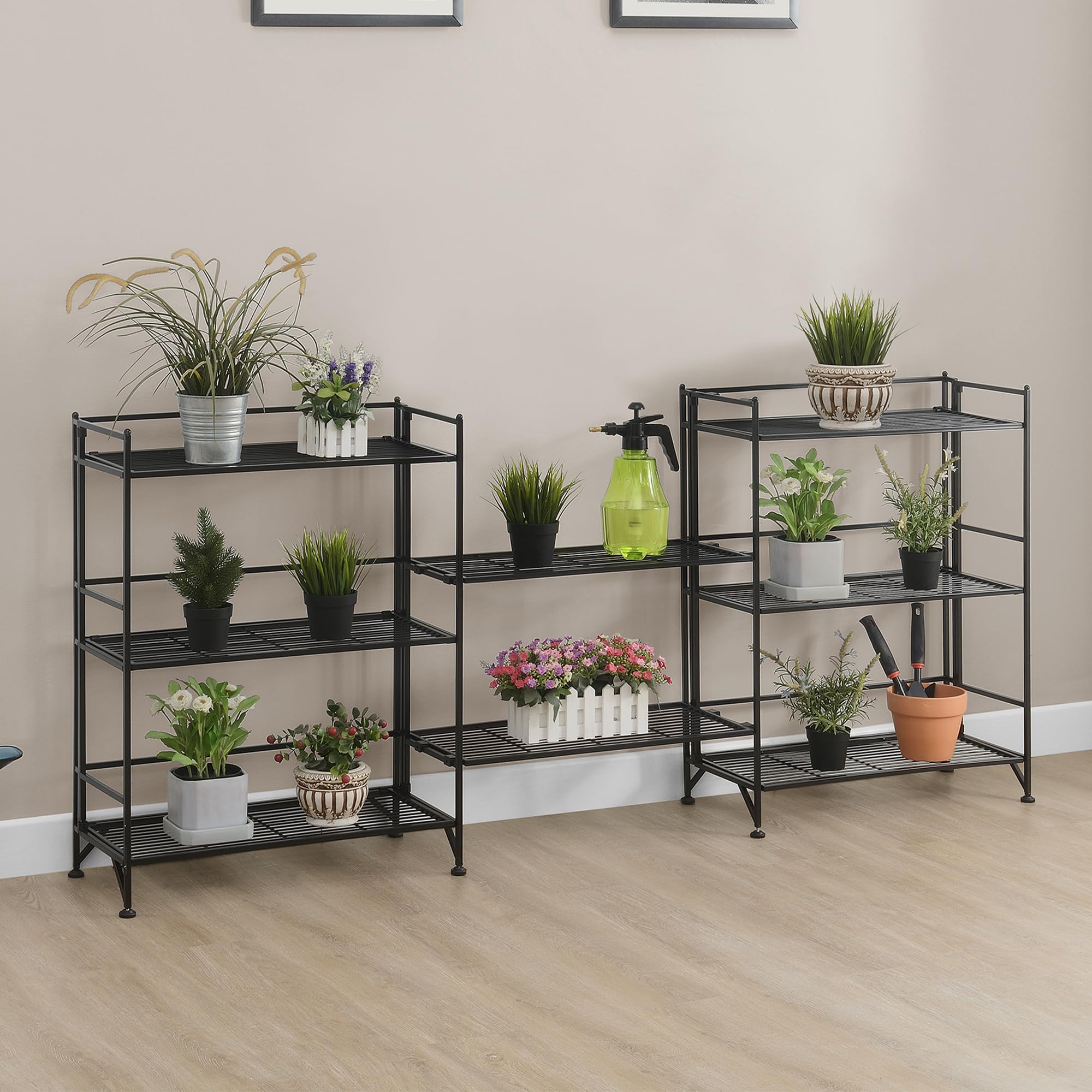 Convenience Concepts Xtra Storage 3 Tier Wide Folding Metal Shelves with Set of 2 Extension Shelves - Organizer for Living Room, Office, Bedroom, Garage, Kitchen, Bathroom, Black