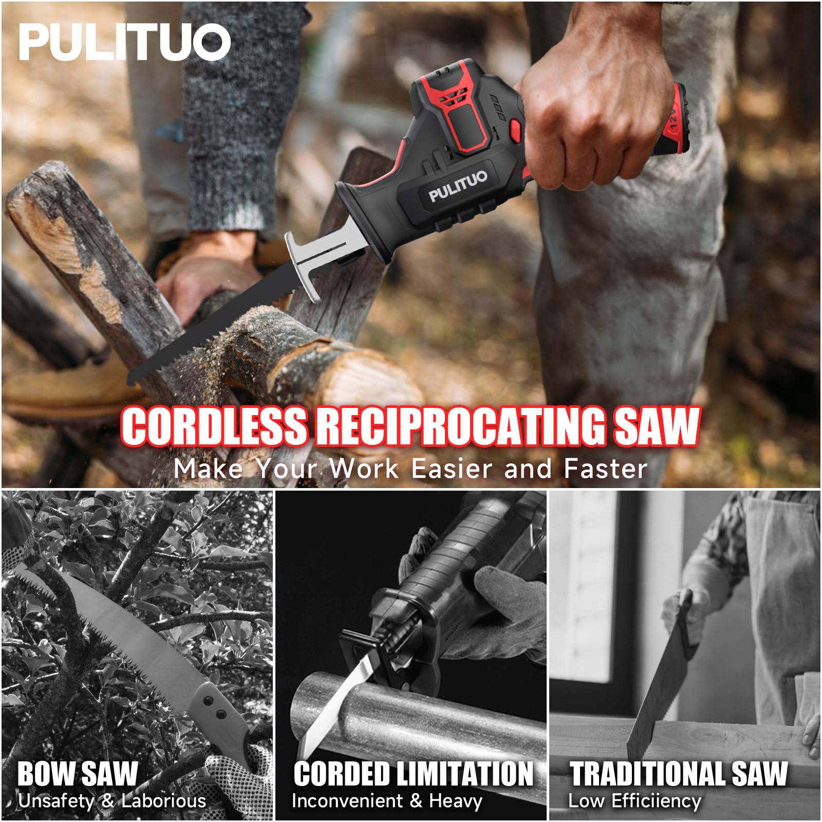 PULITUO Reciprocating Saw Cordless, Power Reciprocating Saws Compact Design，Including 2pcs 2000mAh Li-Ion battery, 1-Hour Fast Charger, Clamp Jaw, 4pcs of Saw Blades for Wood/Metal/PVC