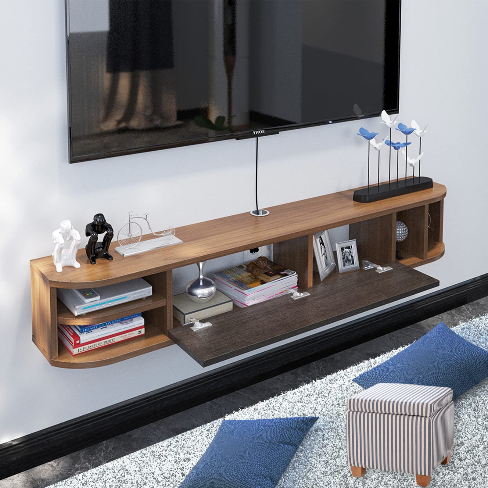 Pmnianhua Floating TV Stand,70'' Wall Mounted Under TV Shelf,Modern Floating TV Console,Wall Mounted TV Cabinet,Floating Entertainment Center with Storage Shelves for Bedroom Living Room(Walnut)