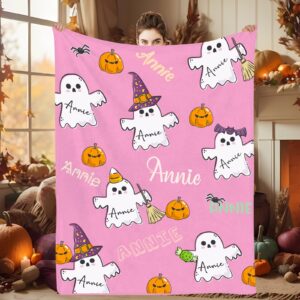 custom halloween blanket for girls, personalized baby blanket for boys with name, custom super soft throw blanket for kids, halloween pumpkin ghost blanket decoration, personalized halloween baby gift