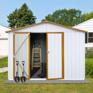 bovono storage sheds 8ftx6ft, waterproof metal utility tool shed storage house with door & lock, perfect for garden, patio& backyard (white +yellow)