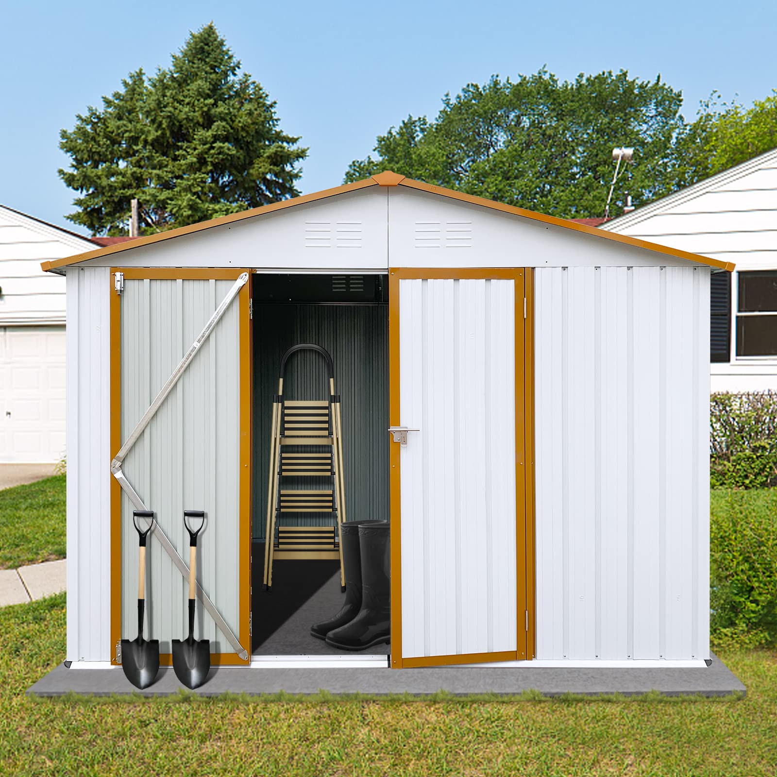 BOVONO Storage Sheds 8ftx6ft, Waterproof Metal Utility Tool Shed Storage House with Door & Lock, Perfect for Garden, Patio& Backyard (White +Yellow)