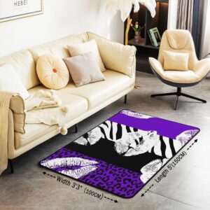 Castle Fairy White Lips Area Rug,Purple Leopard Print Non Slip Rug for Teens Adults,Black White Zebra Animal Skin Print Indoor Floor Mat for Housewarming Couch 3'x5'