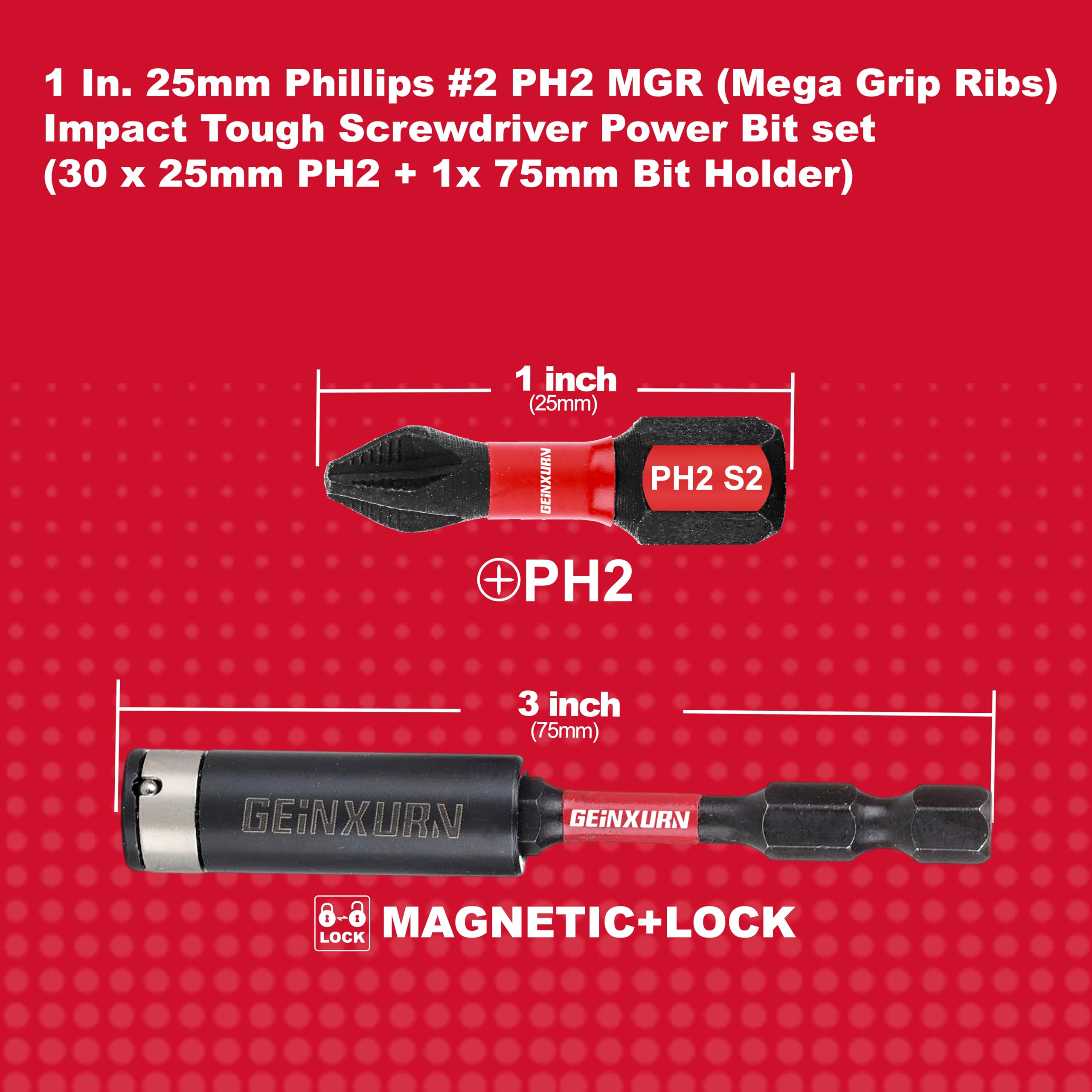 Geinxurn 51Pack PH2 1 Inches Impact Tough Anti-Slip Screwdriver Bits, #2 Phillips 1/4 Inch Hex Shank Magnetic Tips Cross Screwdriver Bits Set with 1Pcs Impact Bit Holder,Bulk