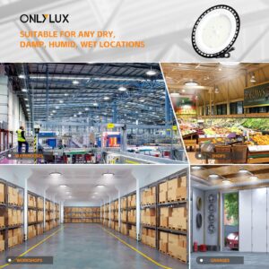 ONLYLUX LED High Bay Light 150W 4 Pack, 5000K Daylight, 22500LM, UFO LED Highbay Lights with US 5ft Cable, IP65 Commercial Bay Lighting, for Warehouse Gym Factory Barn Garage