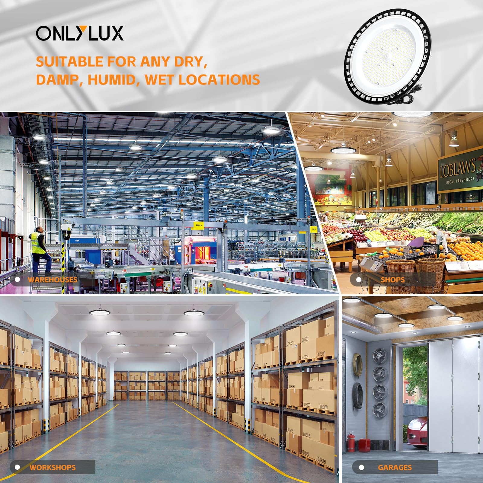 ONLYLUX LED High Bay Light 150W 4 Pack, 5000K Daylight, 22500LM, UFO LED Highbay Lights with US 5ft Cable, IP65 Commercial Bay Lighting, for Warehouse Gym Factory Barn Garage