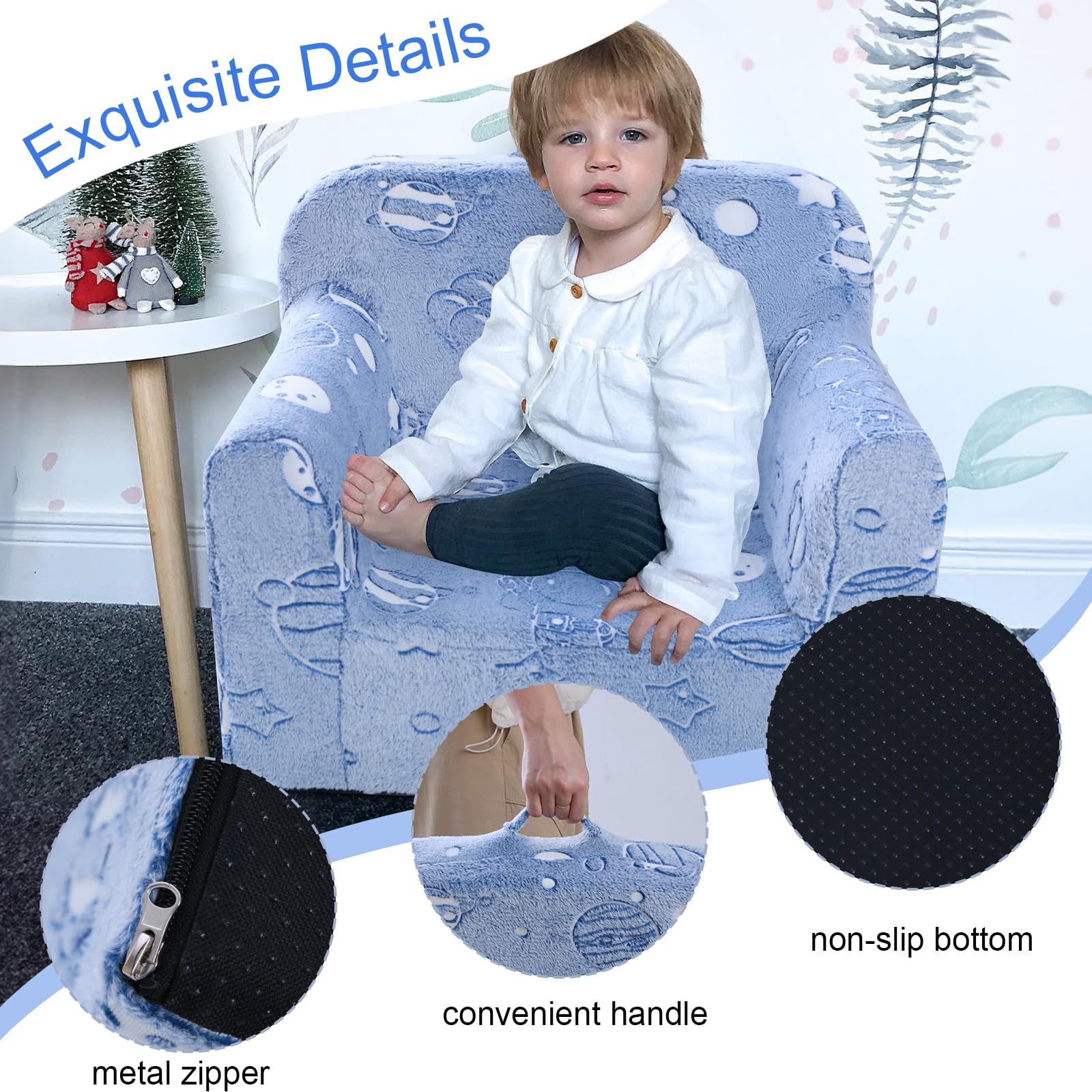 MeMoreCool Plush Toddler Chair Comfy Kids Armchair, Soft Foam Child Chair for Reading, Cozy Plush Chair for Toddlers 1-3, Glow Sofa Couch Kids Chair with Armrest, Blue