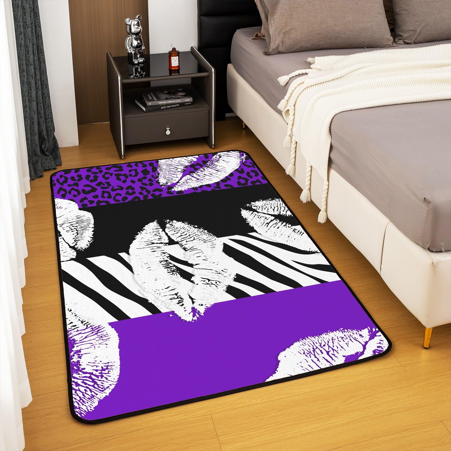 Castle Fairy White Lips Area Rug,Purple Leopard Print Non Slip Rug for Teens Adults,Black White Zebra Animal Skin Print Indoor Floor Mat for Housewarming Couch 3'x5'