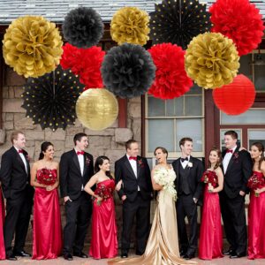 Red-Black Gold Casino Theme Party-Decorations - 20pcs Game Night Paper Lanterns Fans,Tissue Pom Poms,Honeycomb Balls,Bunting,Birthday Graduation Wedding Bridal Baby Shower Decor Burgleda