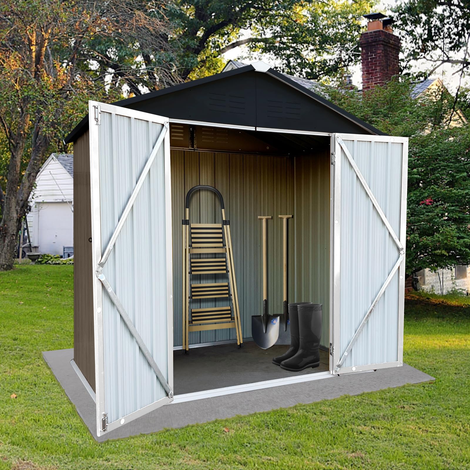 BOVONO Storage Sheds 6ftx4ft, Waterproof Metal Utility Tool Shed Storage House with Door & Lock, Perfect for Garden, Patio& Backyard (Brown + Black)