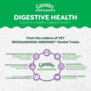 Greenies Supplements Digestive Health Probiotics for Dogs Chicken Flavor, 15.6 oz. Tub of 80 ct. Soft Chews Dog Probiotics