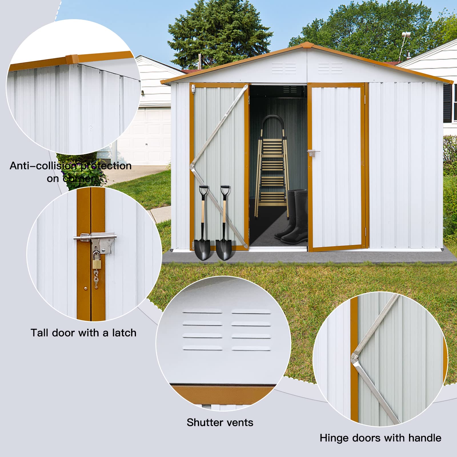 BOVONO Storage Sheds 8ftx6ft, Waterproof Metal Utility Tool Shed Storage House with Door & Lock, Perfect for Garden, Patio& Backyard (White +Yellow)