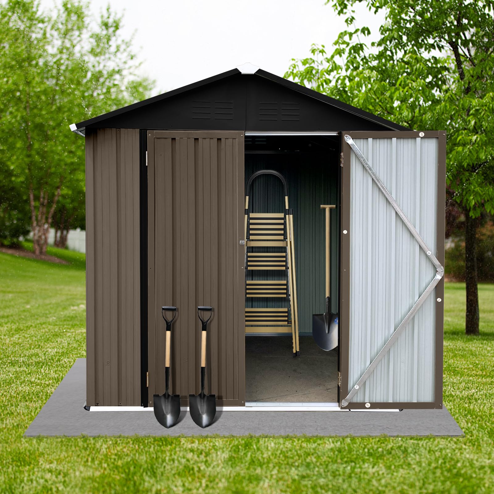 BOVONO Storage Sheds 6ftx4ft, Waterproof Metal Utility Tool Shed Storage House with Door & Lock, Perfect for Garden, Patio& Backyard (Brown + Black)