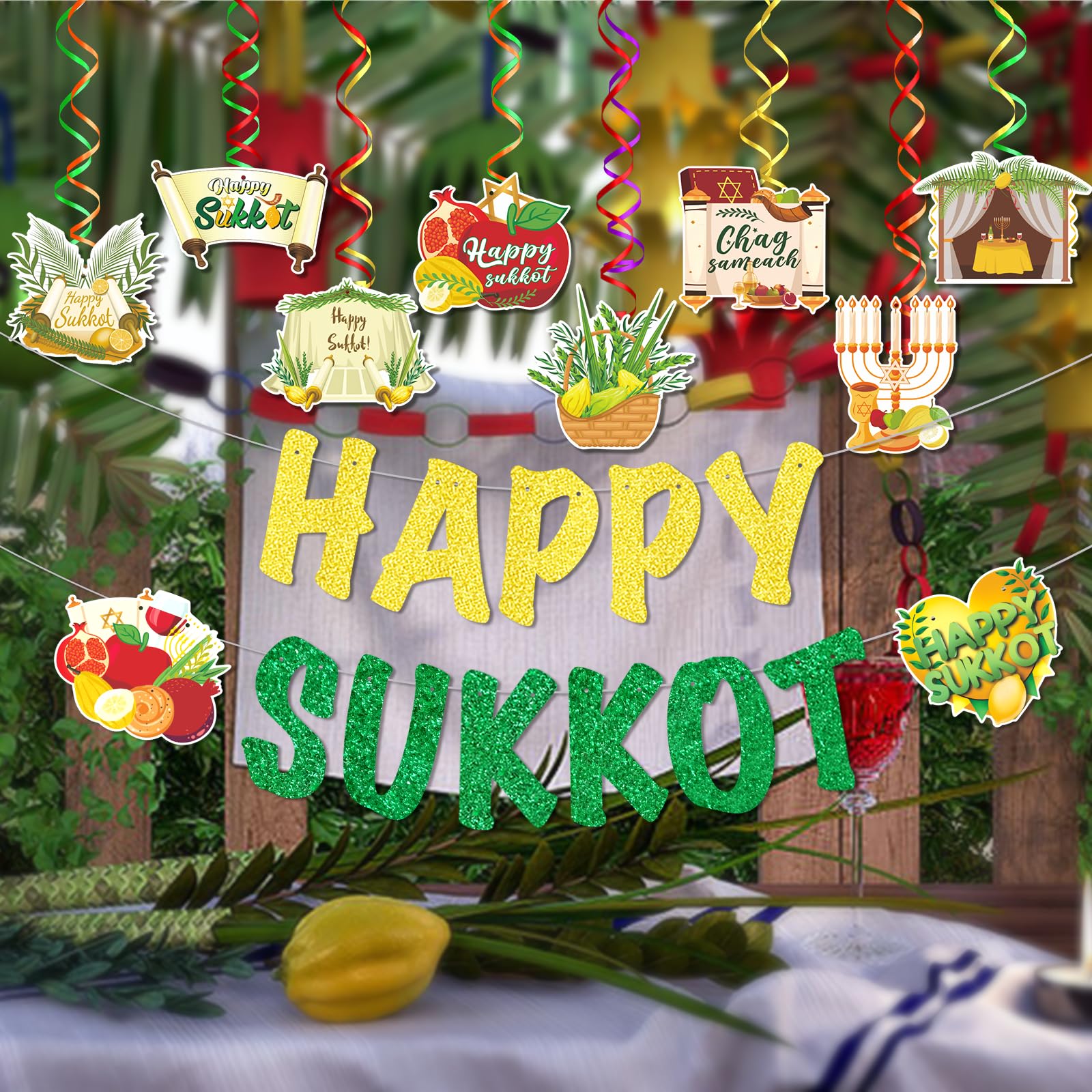 Happy Sukkot Banner Happy Sukkot Hanging Swirls Sukkot Banners Sukkot Hanging Decorations Sukkot Glitter Foil Ceiling Swirls Streams Sukkah Decorations for Jewish Holiday