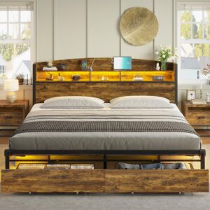 hauoms king size bed frame with storage & led light headboard, metal platform bed with usb-c/a charging station, king bed frame with bookcase headboard, heavy duty, no box spring needed, vintage brown