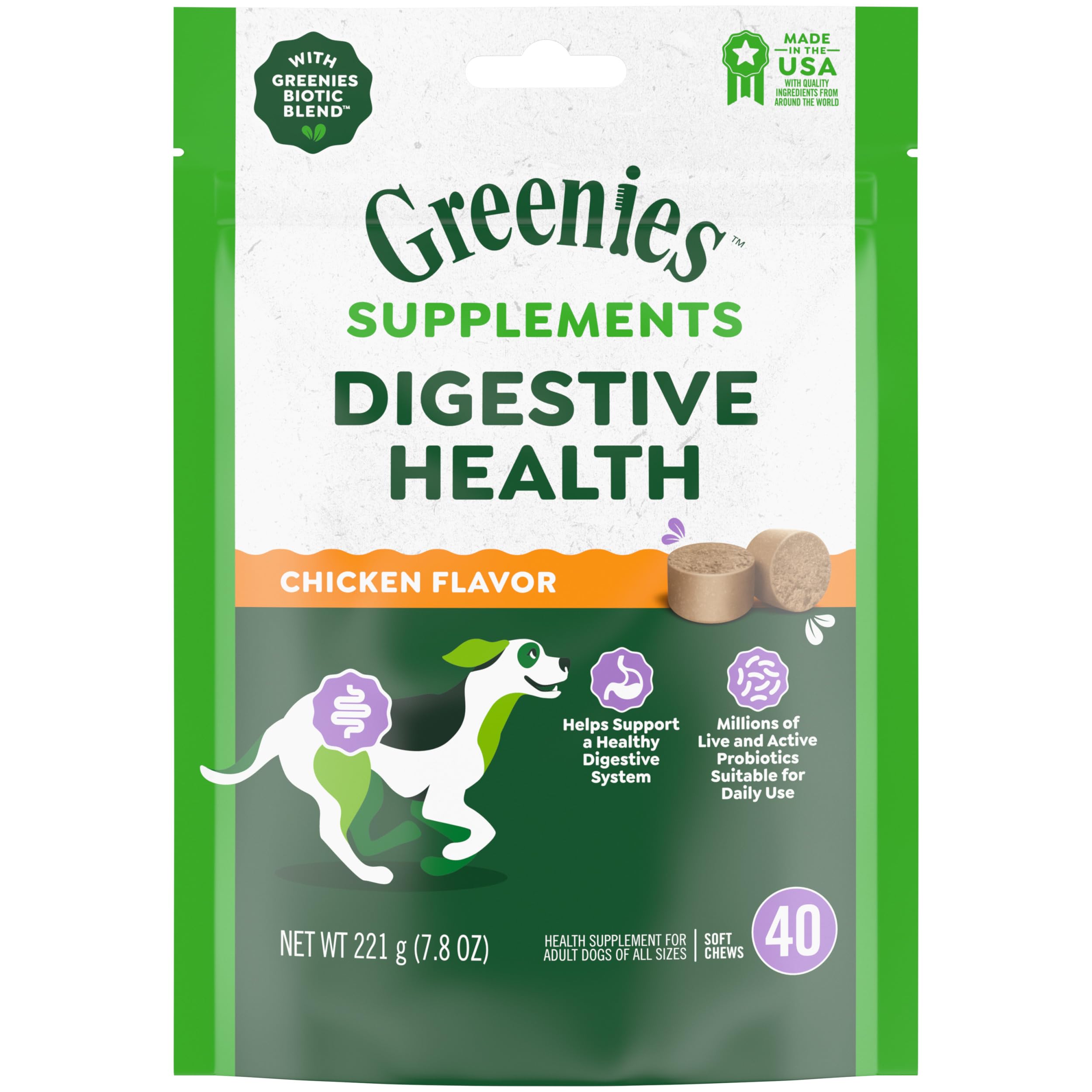 Greenies Supplements Digestive Health Probiotics for Dogs Chicken Flavor, 40 Count Soft Chews Dog Probiotics, 7.8 oz. Pouch