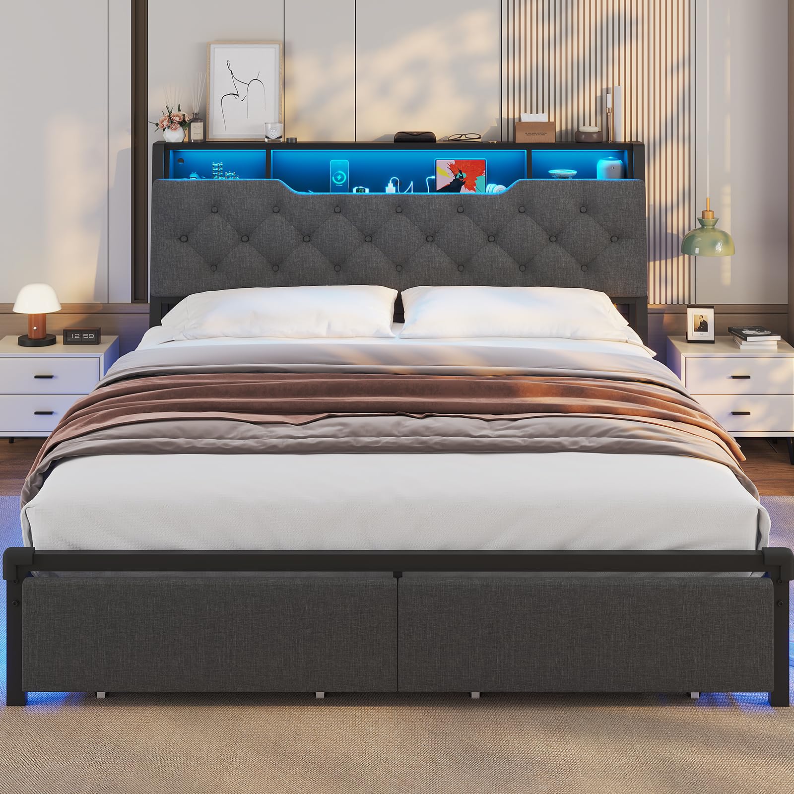 BTHFST Full Size Bed Frame with Charging Station, LED Bed Frame Full Size with Headboard Storage and 2 Drawers, Upholstered & Metal Platform Bed with Lights, No Box Spring Needed, Dark Grey