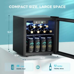 EUHOMY 48 Can Beverage Refrigerator cooler-Mini Fridge Glass Door for Beer Drinks Wines, Countertop Beverage Fridge with Adjustable Shelves Blue LED for Home/Office/Dorm/Bar, 1.3 cu.ft