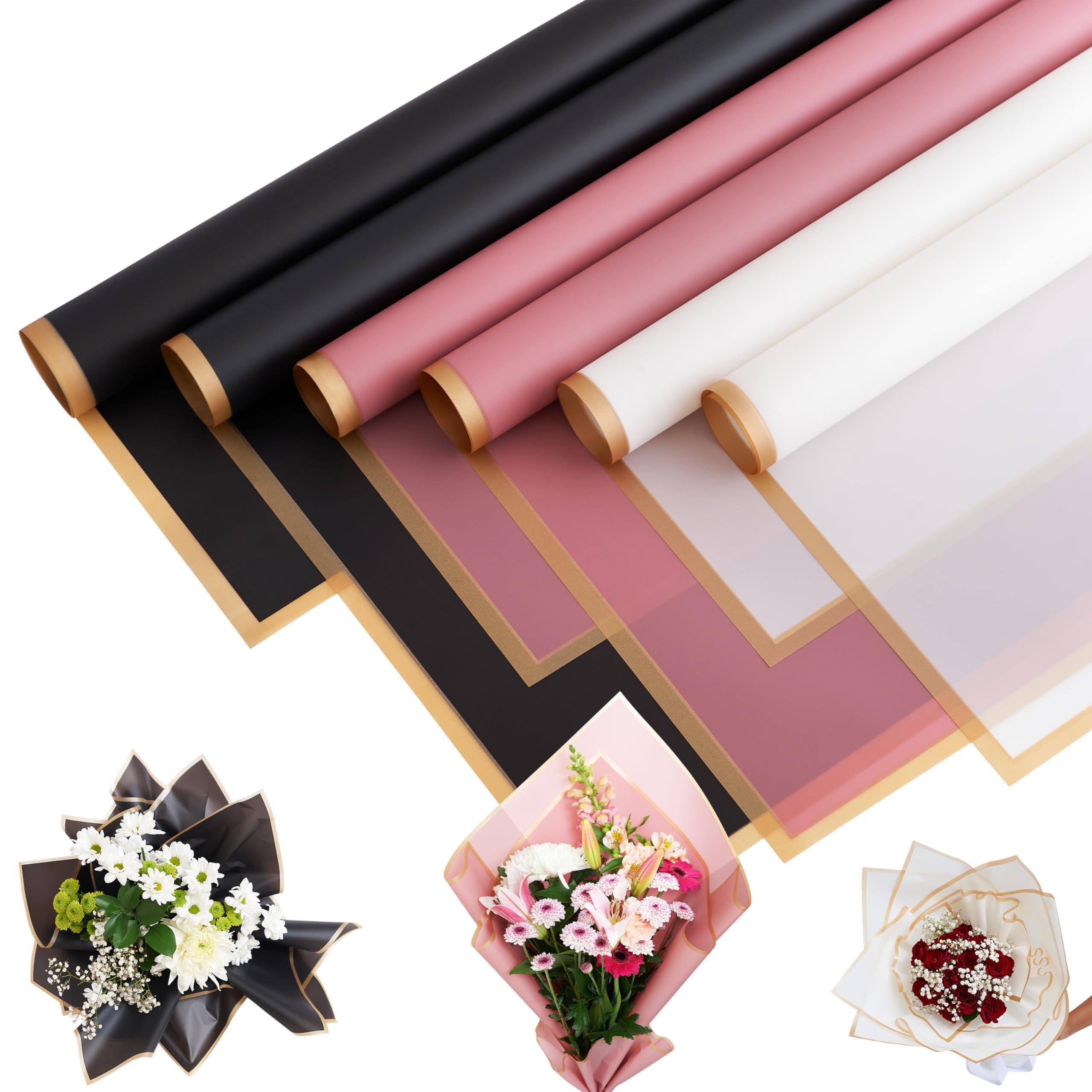 NEATLY 24 Sheet Flower Wrapping Paper - Bouquet Wrapping Paper - Papel Coreano Para Flores - Floral Wrapping Paper - Flower Bouquet Wrapping Paper for Flower Bouquet - Papel Para Ramos De Flores (Black, Dark Pink, White)