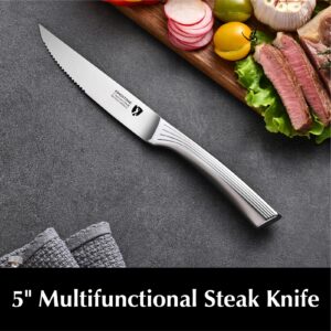 KINGSTONE 5" Steak Knives Set of 6 Pieces Kitchen Steak Knife Set German Stainless Steel Serrated Steak Knives with Gift Box Dishwasher Safe (6, sliver)