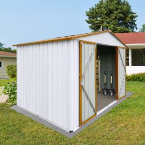 BOVONO Storage Sheds 8ftx6ft, Waterproof Metal Utility Tool Shed Storage House with Door & Lock, Perfect for Garden, Patio& Backyard (White +Yellow)