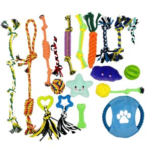 20 pack puppy dog toys, puppy chew toys, teeth cleaning, squeak toys, treat dispenser ball, teething toys, rope toys, mental stimulation toys for medium to small dogs