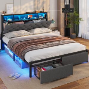 bthfst full size bed frame with charging station, led bed frame full size with headboard storage and 2 drawers, upholstered & metal platform bed with lights, no box spring needed, dark grey