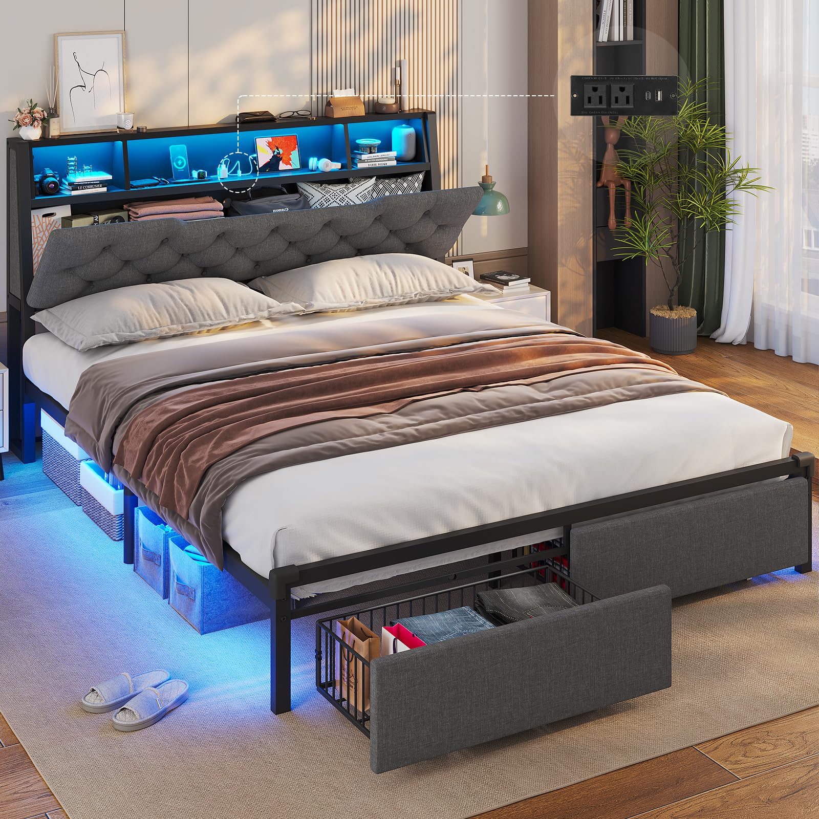 BTHFST Full Size Bed Frame with Charging Station, LED Bed Frame Full Size with Headboard Storage and 2 Drawers, Upholstered & Metal Platform Bed with Lights, No Box Spring Needed, Dark Grey