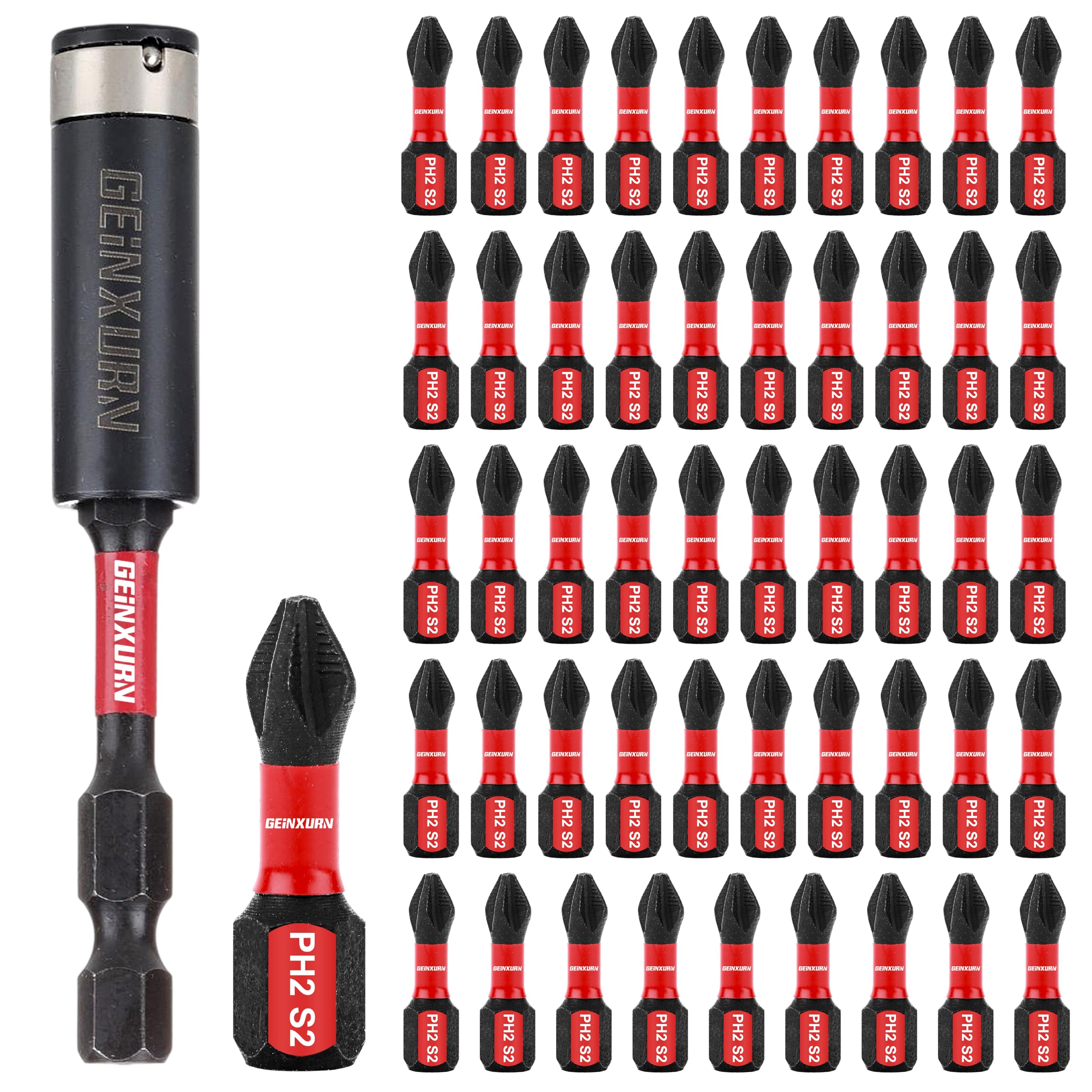 Geinxurn 51Pack PH2 1 Inches Impact Tough Anti-Slip Screwdriver Bits, #2 Phillips 1/4 Inch Hex Shank Magnetic Tips Cross Screwdriver Bits Set with 1Pcs Impact Bit Holder,Bulk