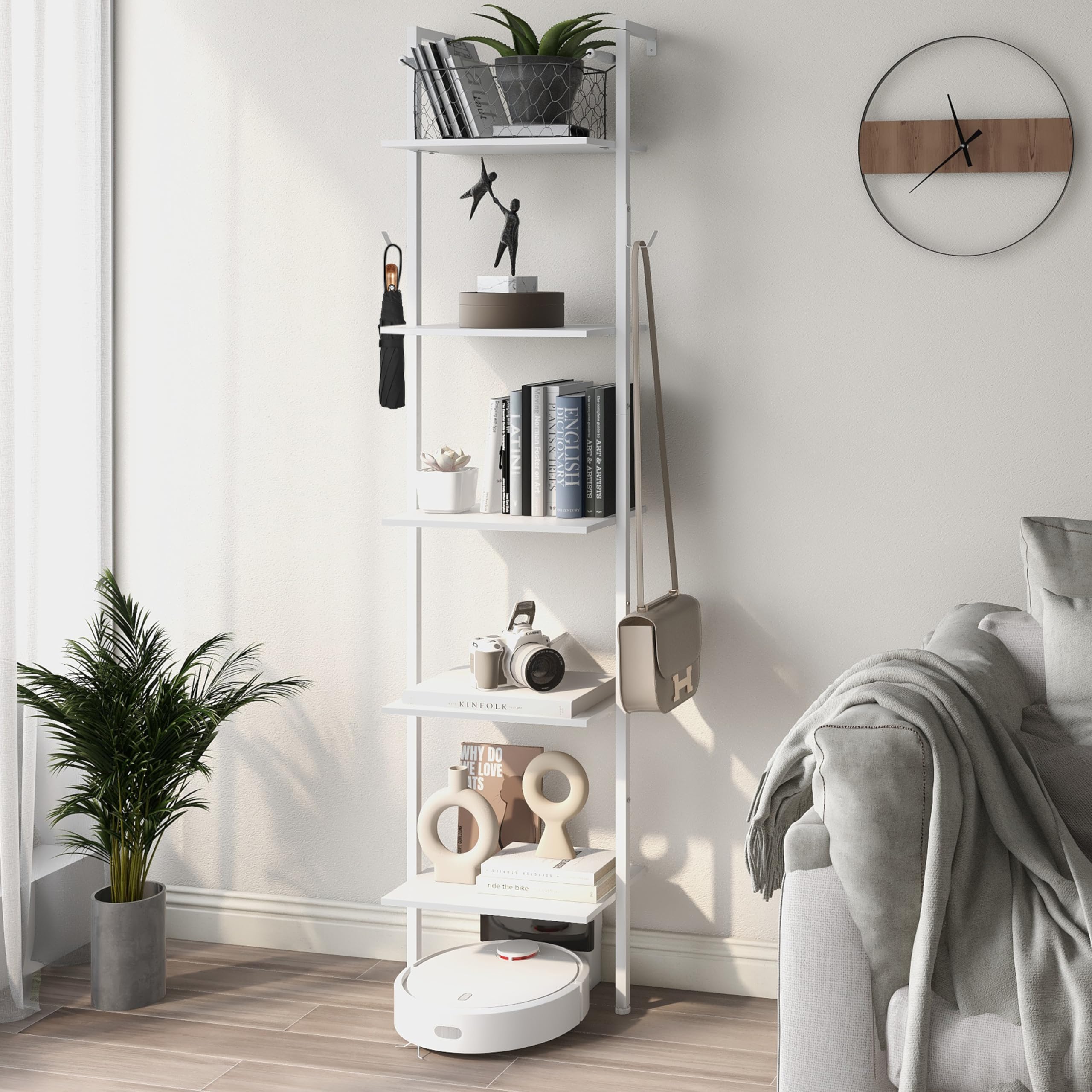 Tohomeor Industrial Bookshelf Wall Mounted 5-Tiers Ladder Shelf Wooden and Metal Narrow Thin Bookshelf Open Display Storage Rack for Living Room Bedroom Home Office (White, Narrow)