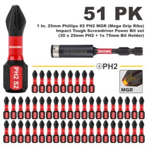 Geinxurn 51Pack PH2 1 Inches Impact Tough Anti-Slip Screwdriver Bits, #2 Phillips 1/4 Inch Hex Shank Magnetic Tips Cross Screwdriver Bits Set with 1Pcs Impact Bit Holder,Bulk