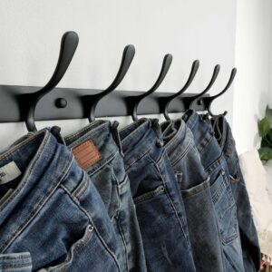 SKOLOO Coat Rack Wall Mounted - 6 Hooks, Heavy Duty, Stainless Steel, Metal Wall Coat Hanger, Sturdy Wall Hooks for Hanging Coat, Jacket, Clothes, Hat, Black