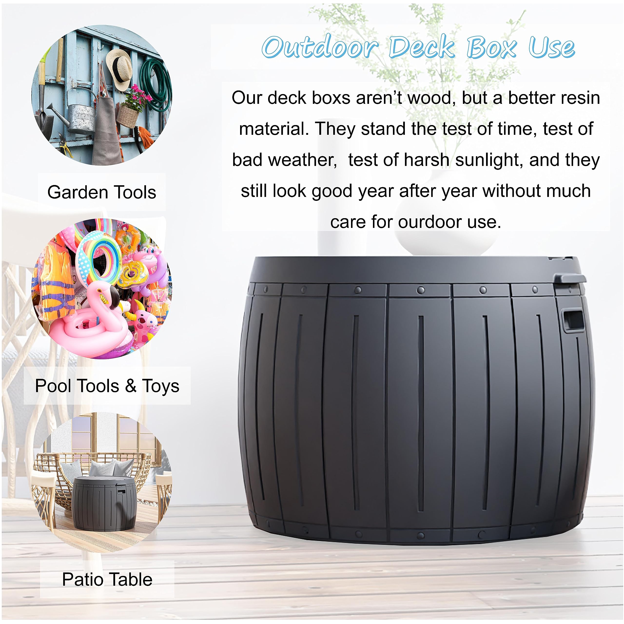 Mrosaa Deck Box Round, Patio Table, Waterproof Outdoor Storage Box for Kid Toys, Patio Furniture, Pool Tools, Outdoor Uses, Sports Equipment, Waterproof and UV Resistant Resin, 27 Gallons Grey…