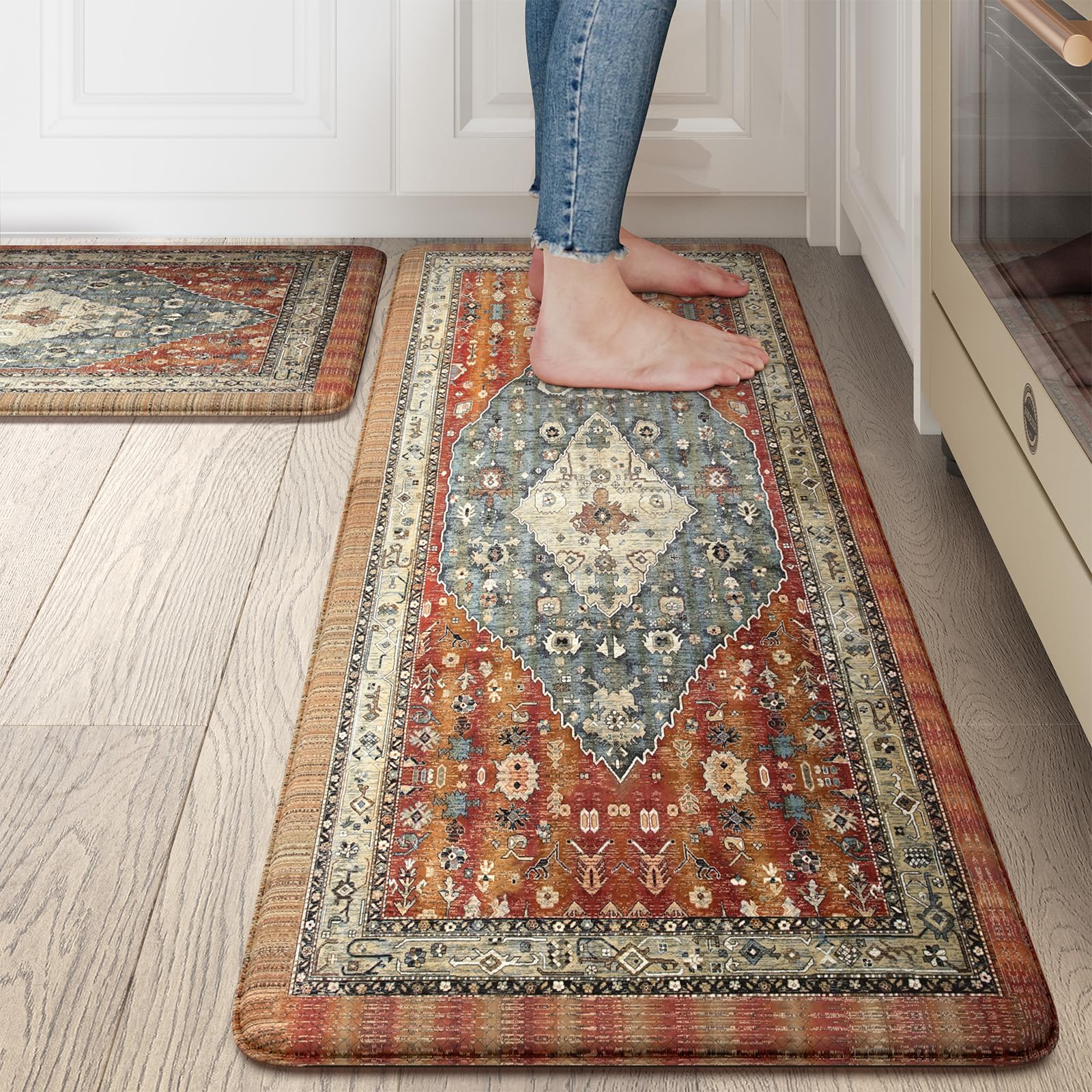 Collive Boho Kitchen Mat 2PCS Cushioned Kitchen Mats for Floor, Anti-Fatigue Mat Waterproof Kitchen Rug Set of 2 Non-Skid Comfort Standing Mat for Kitchen, Office, Sink, Laundry, 17"x30"+17"x47"