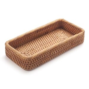 Rattan Bathroom Vanity Trays Toilet Tank Baskets Long Narrow Hand Towel Storage Basket for Storage, Decorative (Natural 10.2 x 4.9 x 1.8 inch)