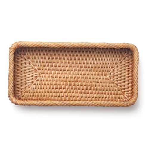 Rattan Bathroom Vanity Trays Toilet Tank Baskets Long Narrow Hand Towel Storage Basket for Storage, Decorative (Natural 10.2 x 4.9 x 1.8 inch)